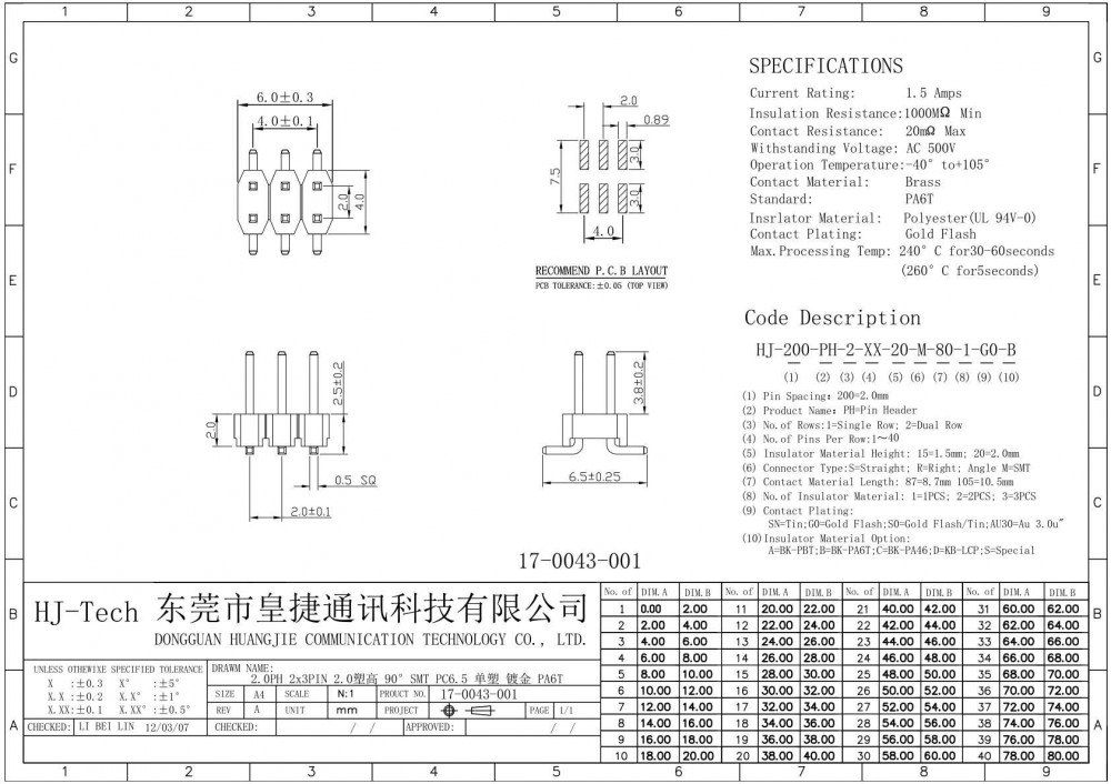 HJ Tech 17-0043-001 technical drawing page 1