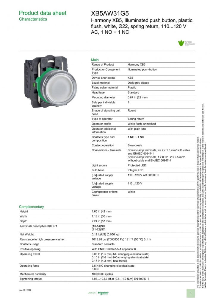 XB5AW31G5 technical document page 1