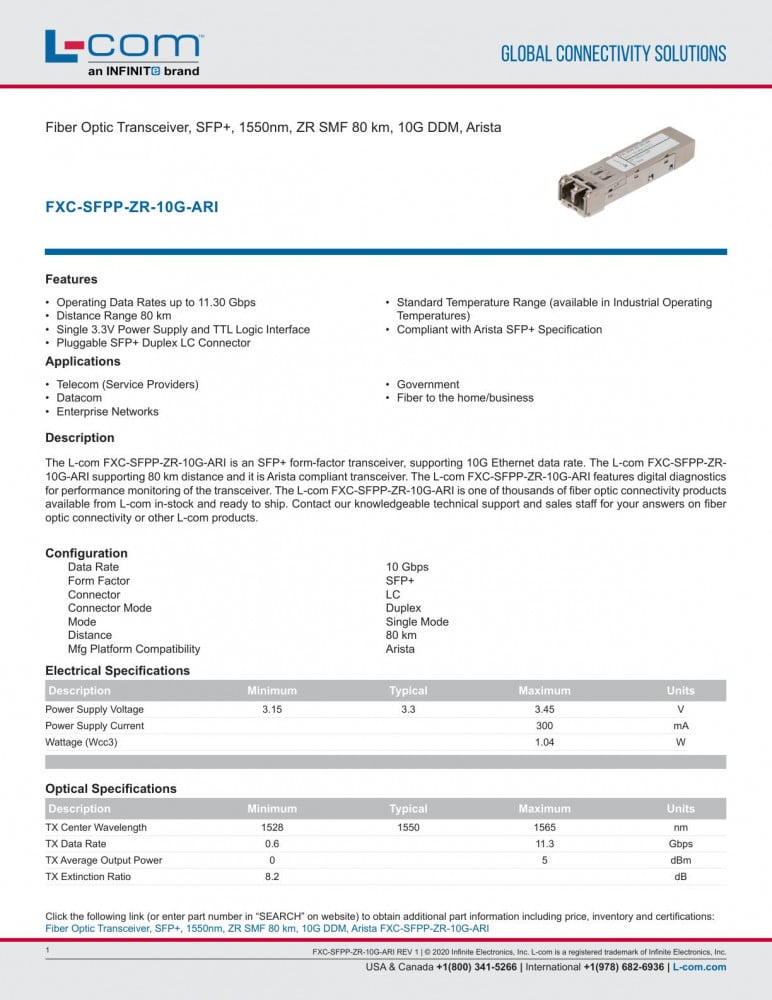 FXC-SFPP-ZR-10G-ARI datasheet page 1
