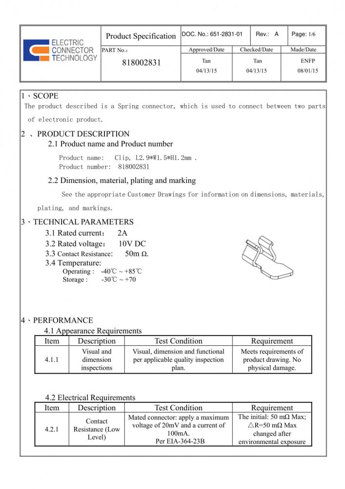 ECT 818002831 product specification page 1
