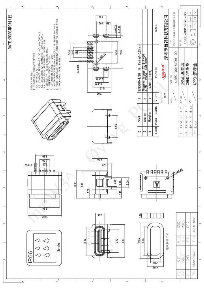 USBC-0015IPX6-00 technical document page 1