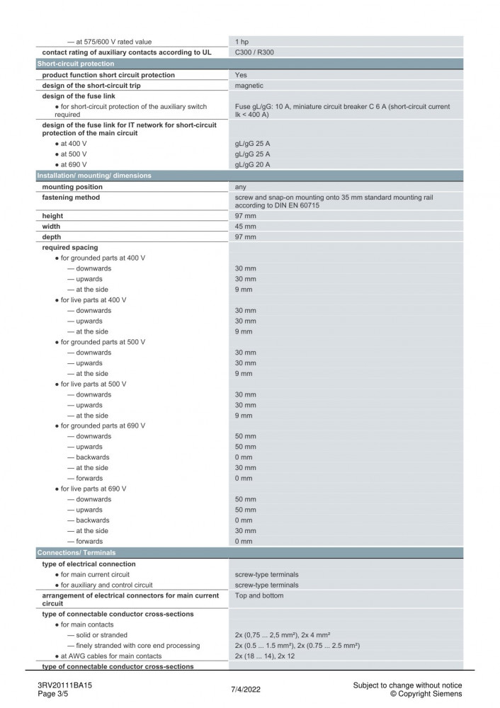 3RV20111BA15 datasheet page 3