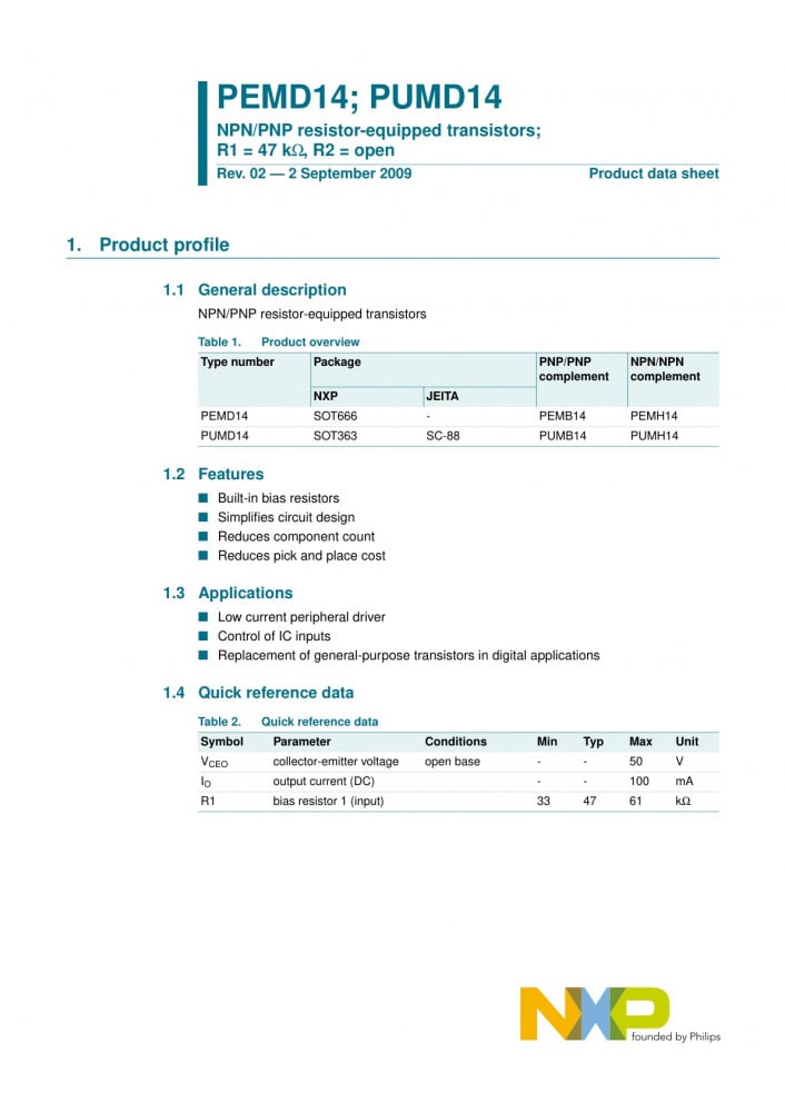 PUMD14 data sheet page 1