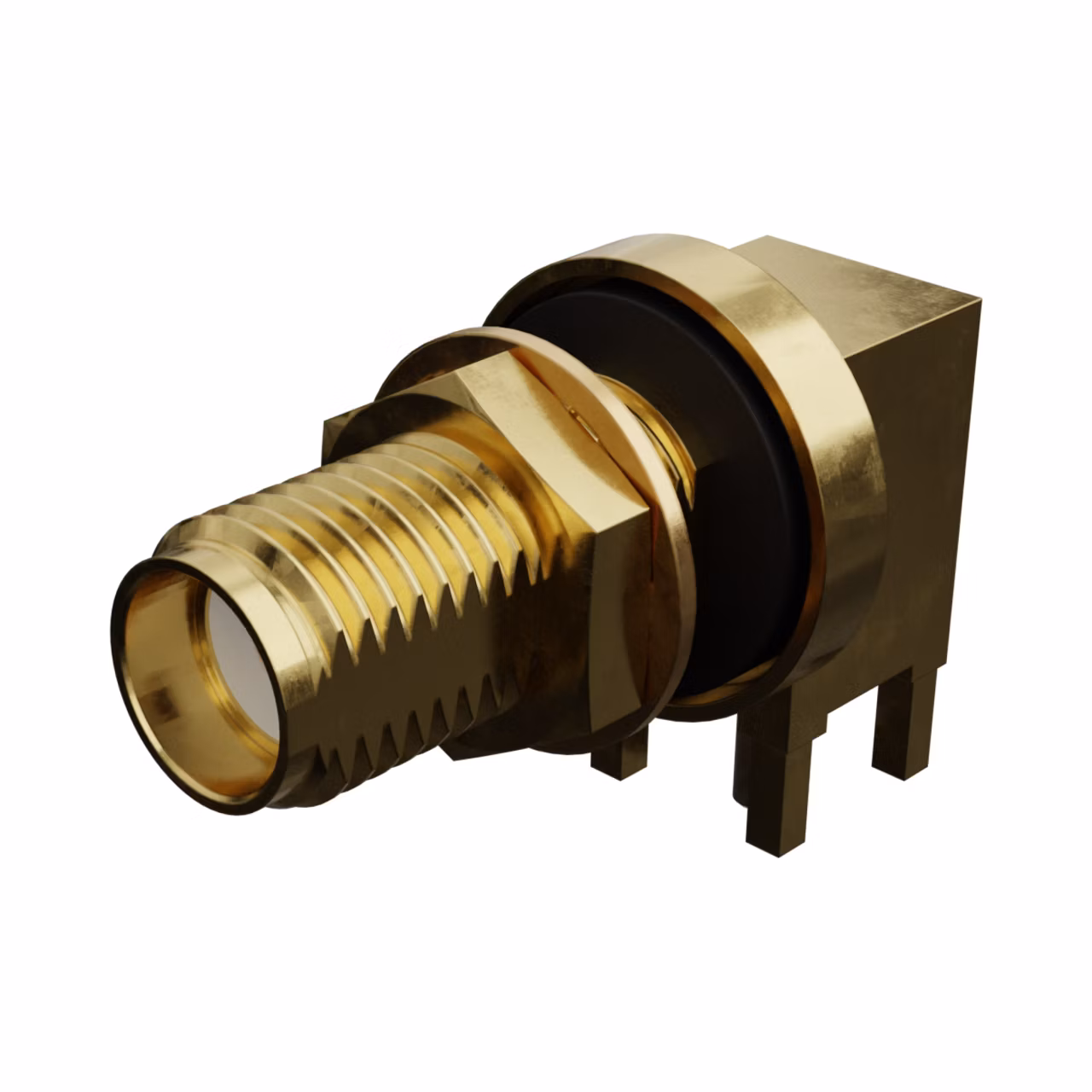 SMA Jack, Right-Angle, Bulkhead Receptacle, PCB, Through Hole, Brass Body, Gold (Au) Plated, with Jam Nut, Lockwasher and Gasket, IP66, 3.00mm Leg Length, 54 Pieces Per Tray, 50 Ohms for sale