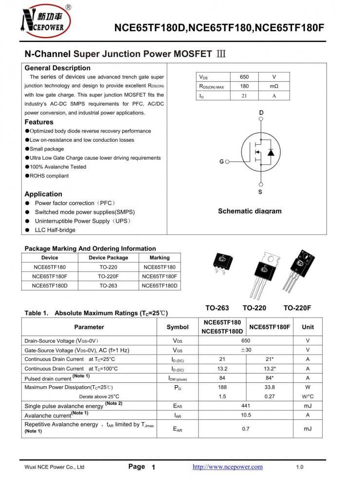NCE65TF180F datasheet page 1