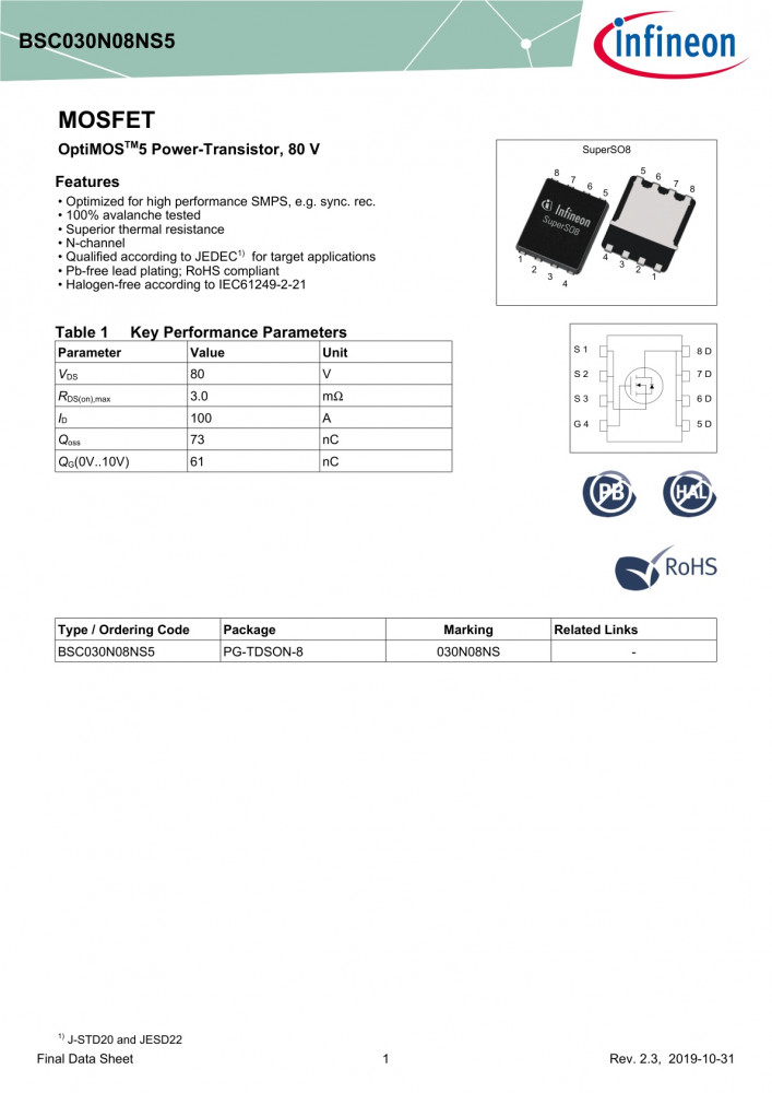 BSC030N08NS5 datasheet page 1