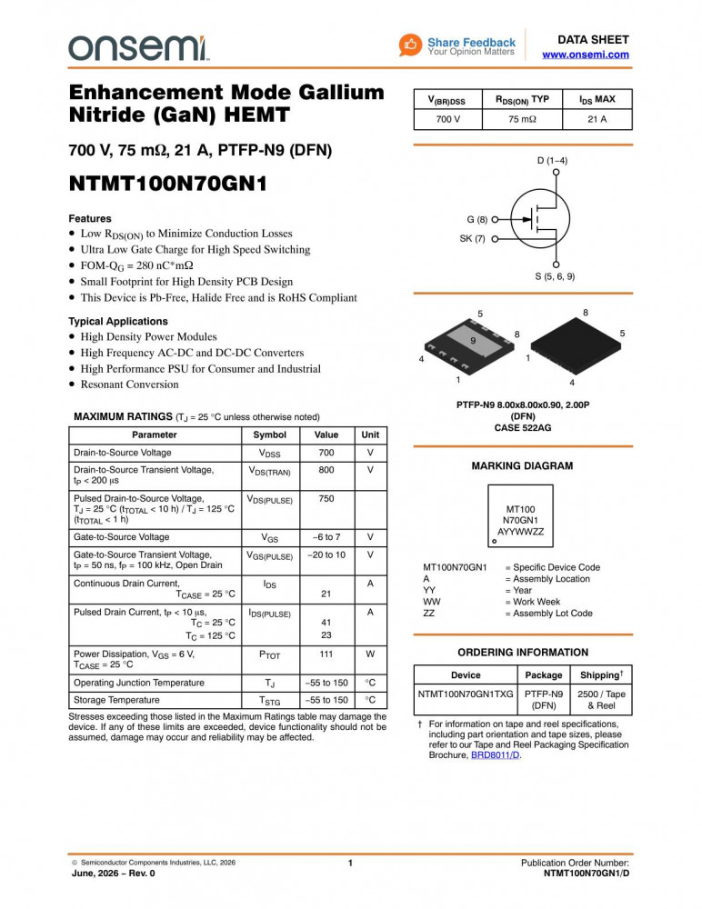 NTMT100N70GN1 datasheet page 1