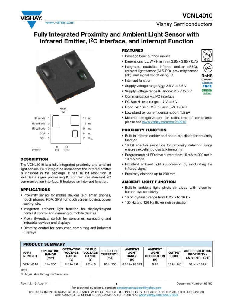 VCNL4010 datasheet page 1