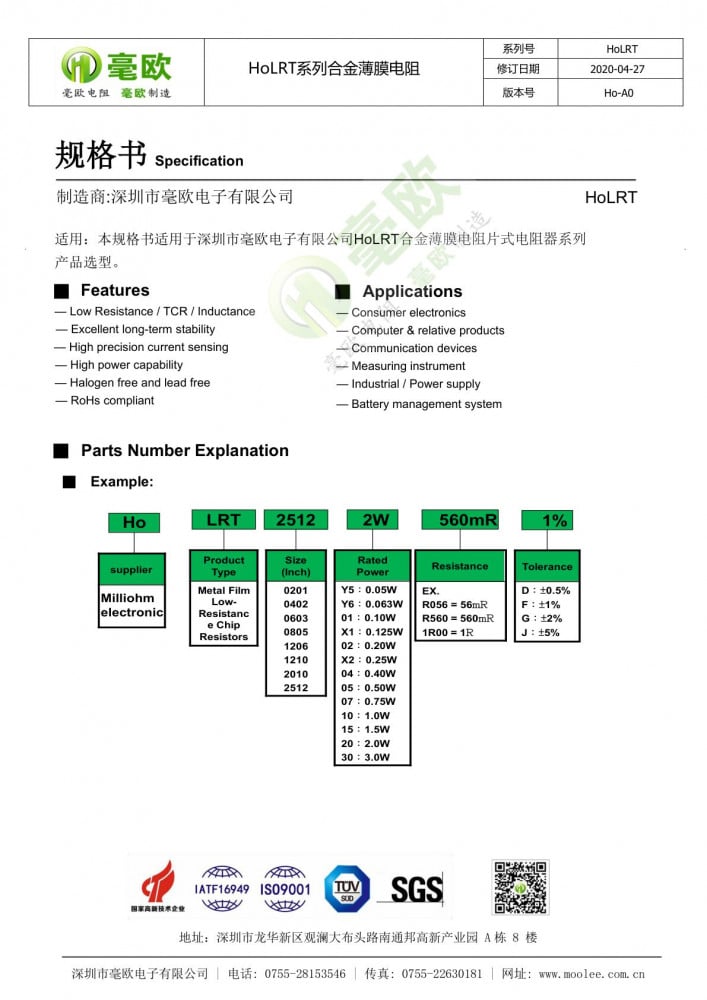 Milliohm HoLRT datasheet page 1