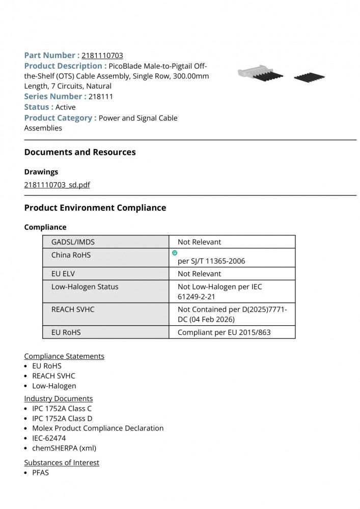 MOLEX 2181110703 drawing page 1