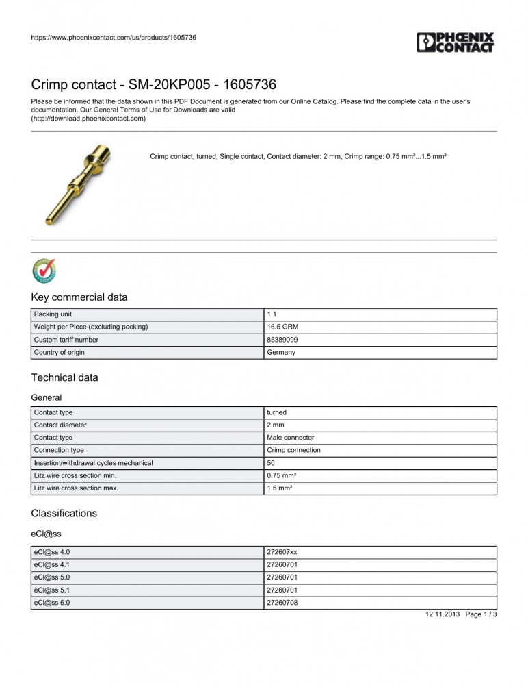 Phoenix Contact 1605736 product catalog page