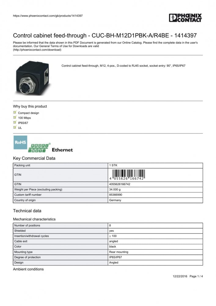 Phoenix Contact 1414397 product data page