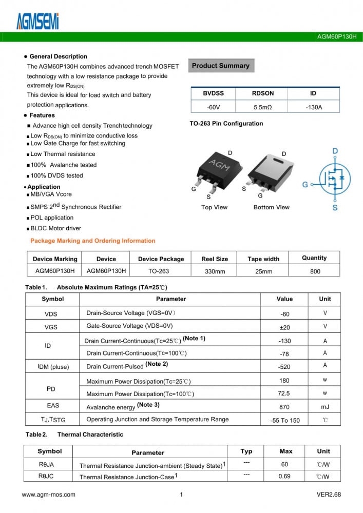 AGM60P130H datasheet page 1