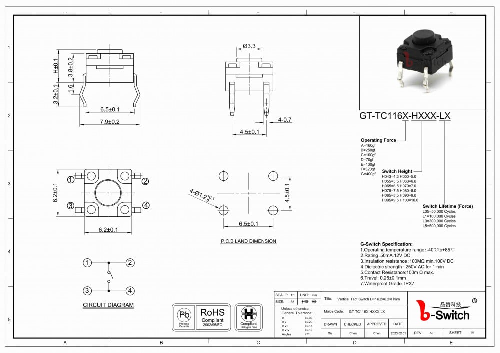 GT-TC116A-H145-L1 technical drawing and specification sheet