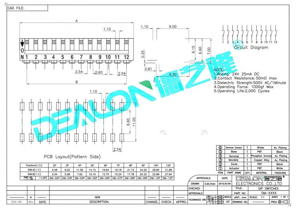 DEALON DM-02P DIP switch technical drawing