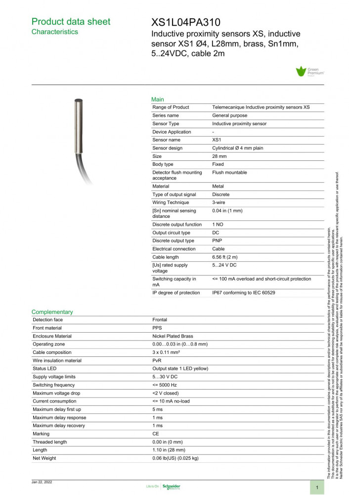 XS1L04PA310 product documentation page 1