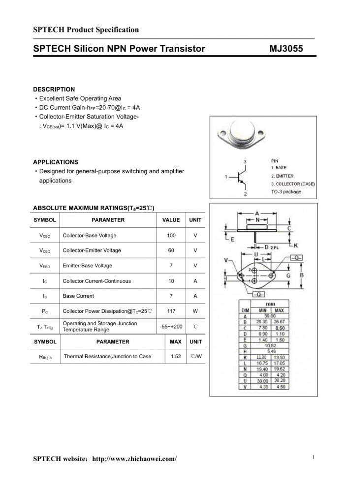 MJ3055 SPTECH datasheet page 1