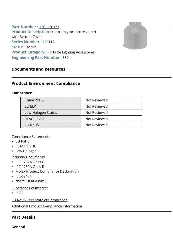 Technical document page 1 for MOLEX 1301120172