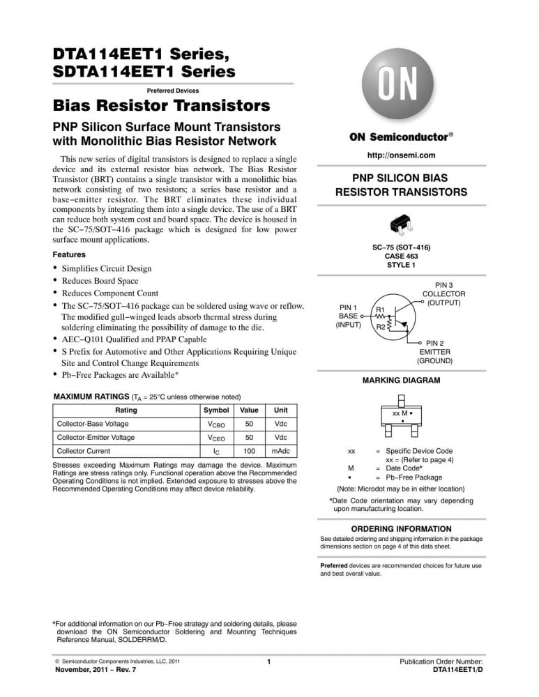 DTA114EET1 datasheet page 1