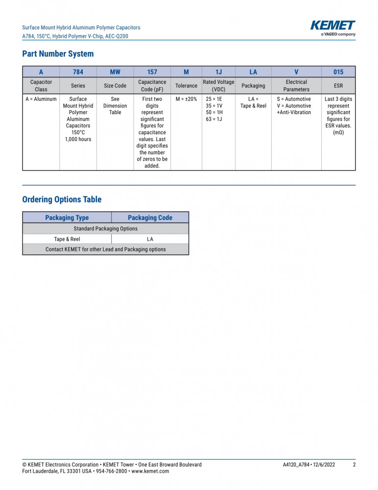 KEMET A784 datasheet page 2
