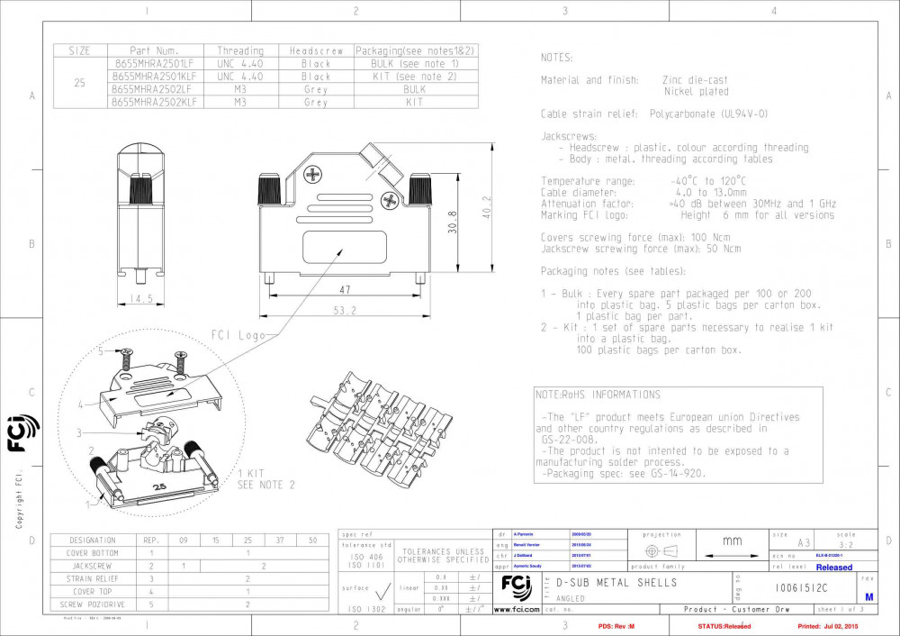 8655MHRA angled D-sub shell technical drawing page 1