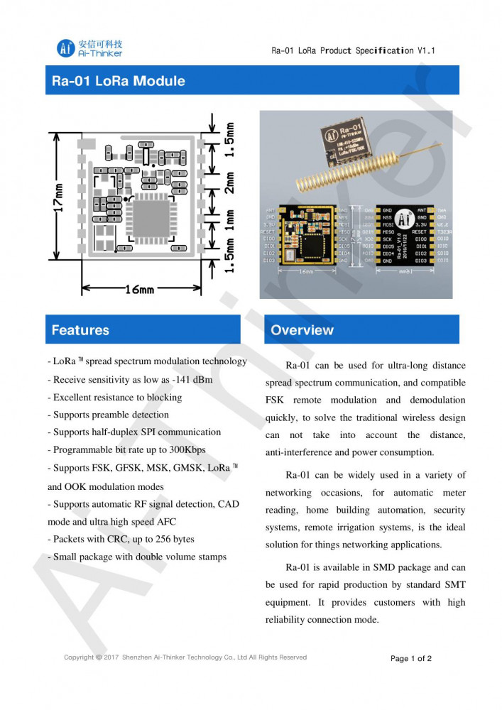 Ai-Thinker Ra-01 product specification page 1