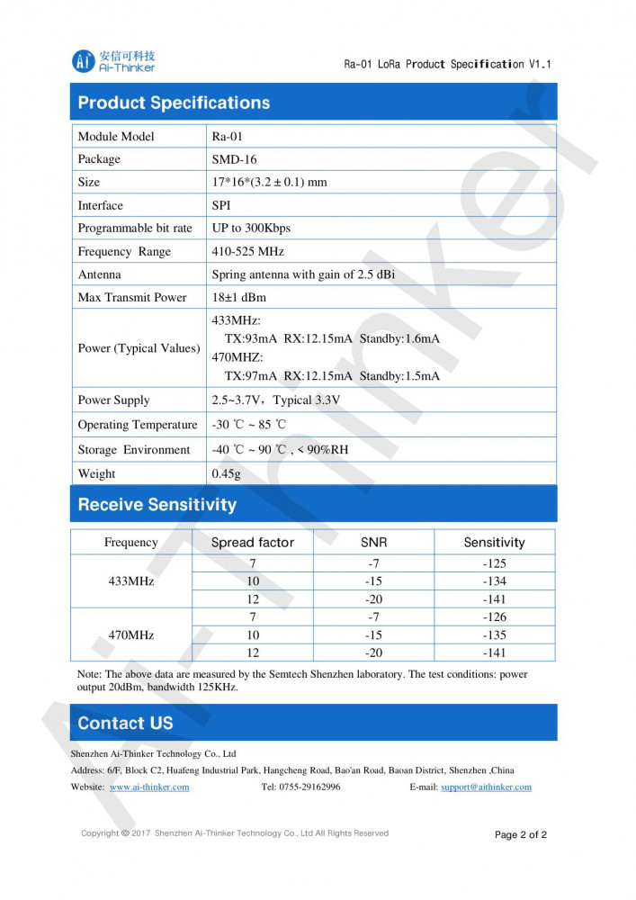 Ai-Thinker Ra-01 product specification page 2