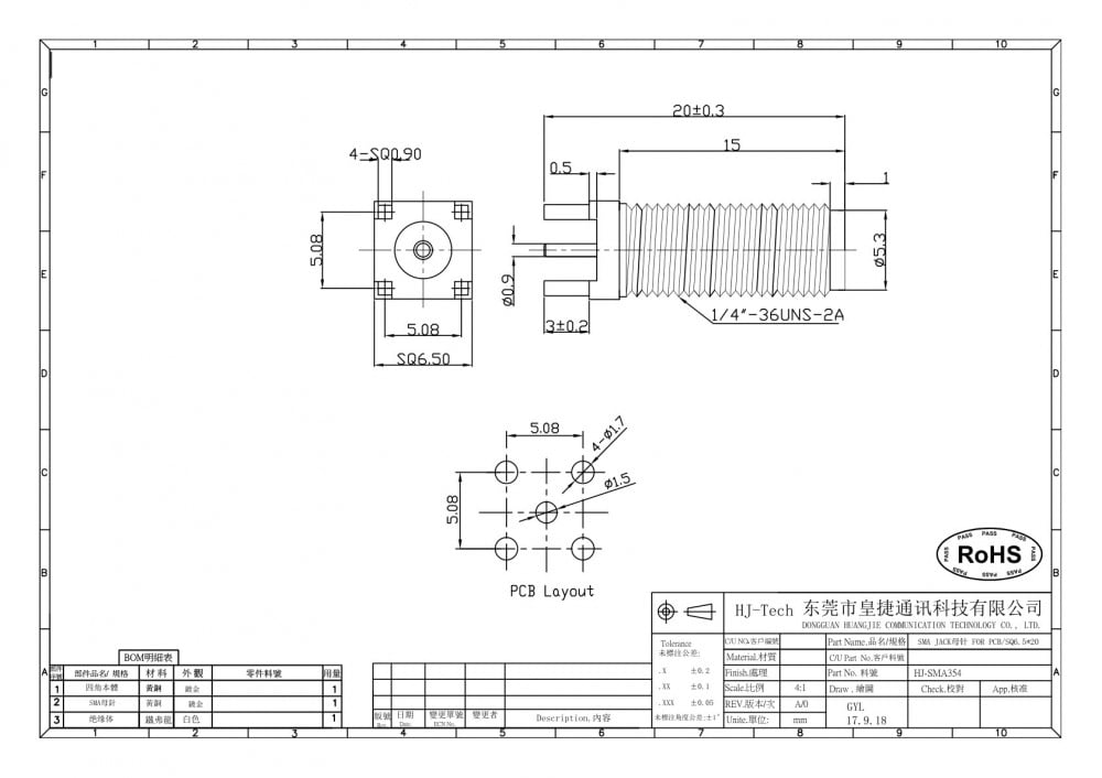 HJ-SMA354 technical drawing and PCB layout