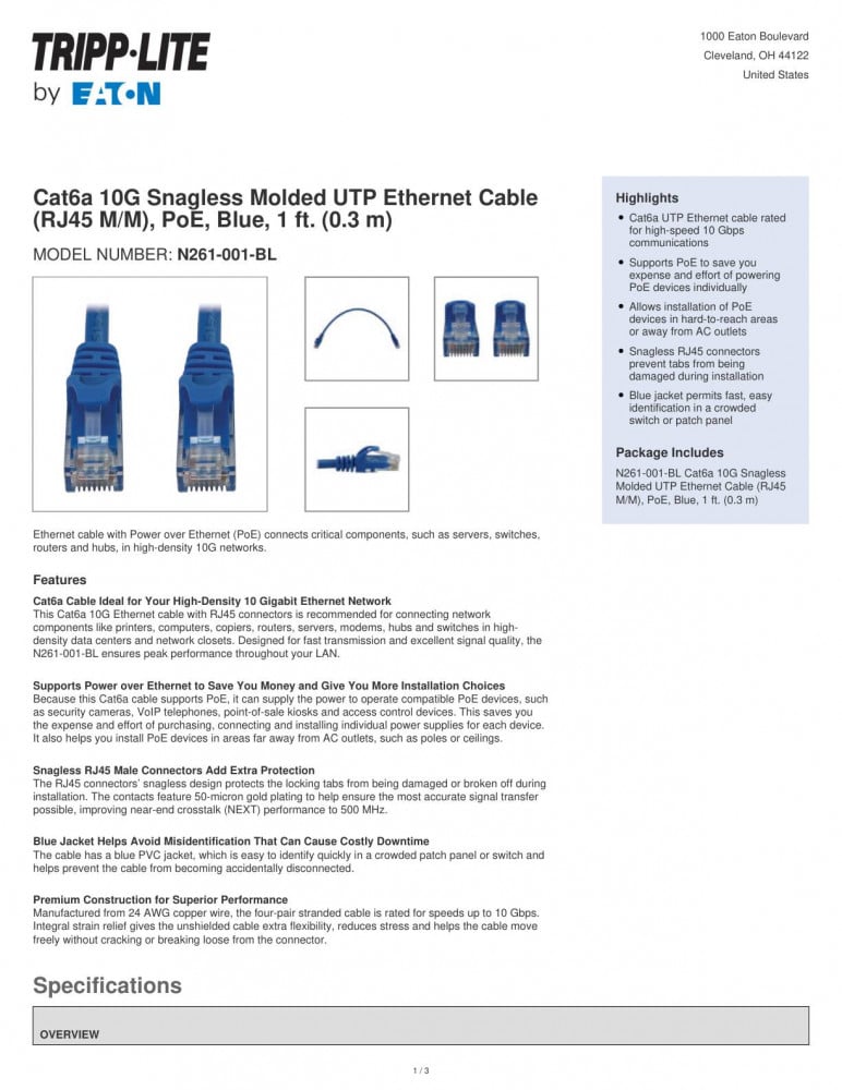 N261-001-BL technical document page 1