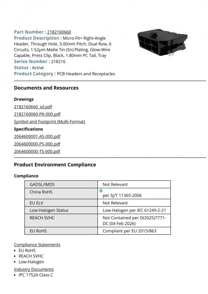 Product document image 1 for MOLEX 2182160660