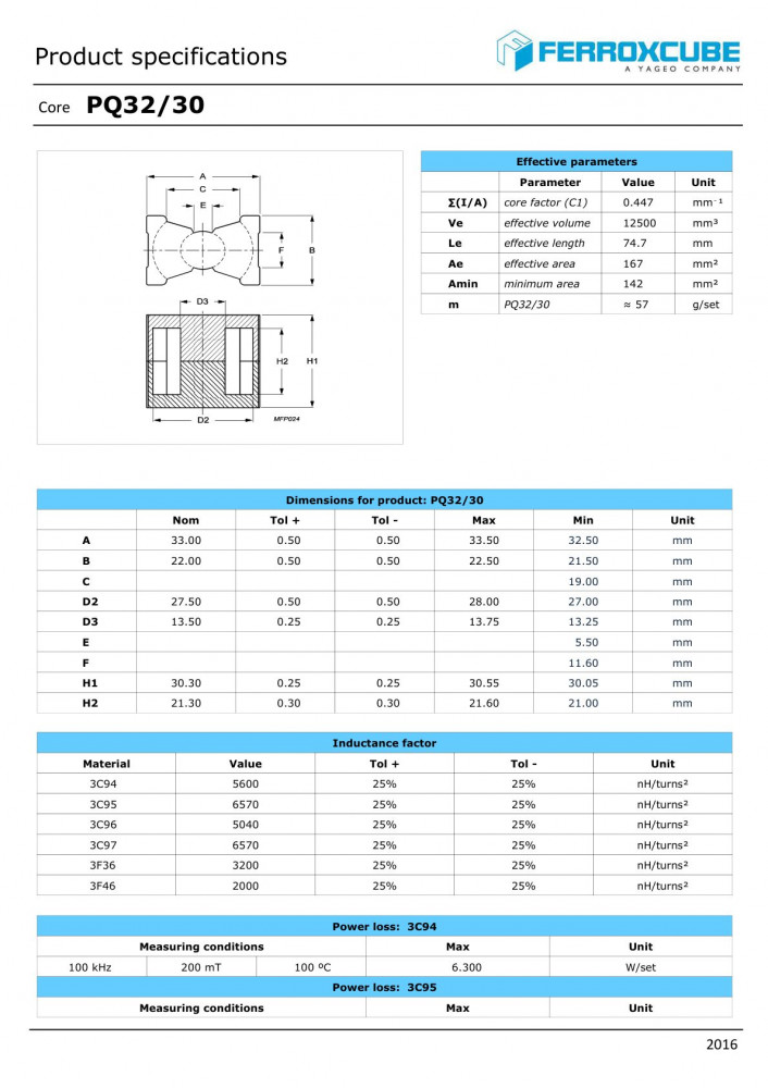 PQ32/30 ferrite core technical document page 1