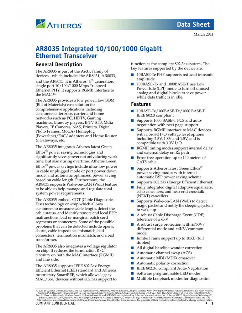AR8035 datasheet page 1