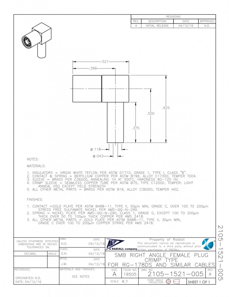 Radiall 2105-1521-005 technical drawing page
