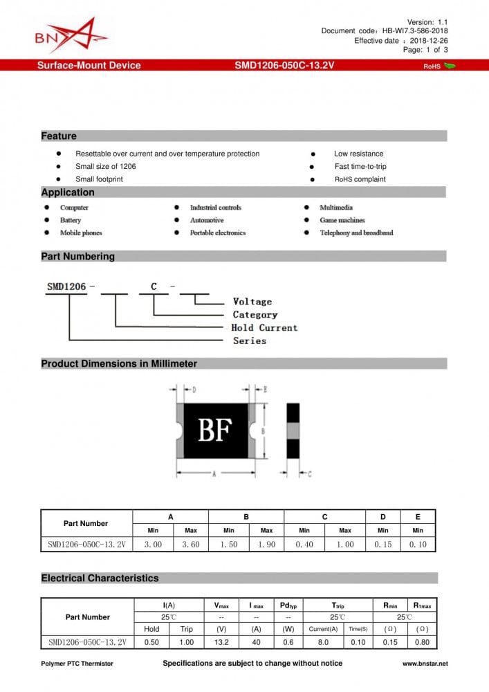 BNstar SMD1206-050C-13.2V datasheet page 1