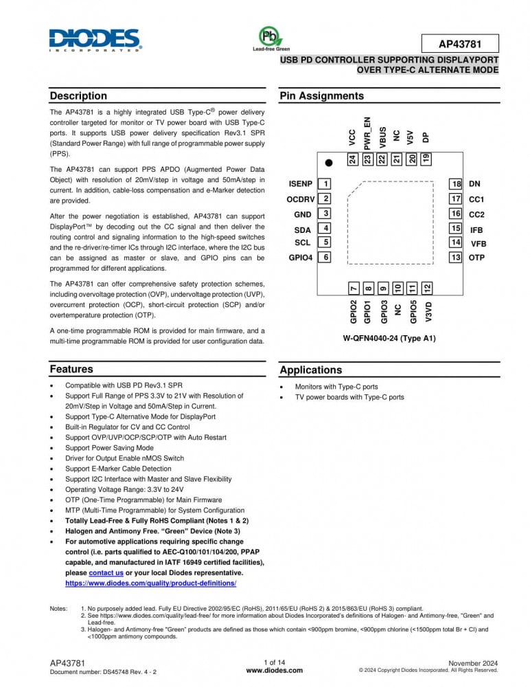 AP43781DKZ-13 datasheet page 1