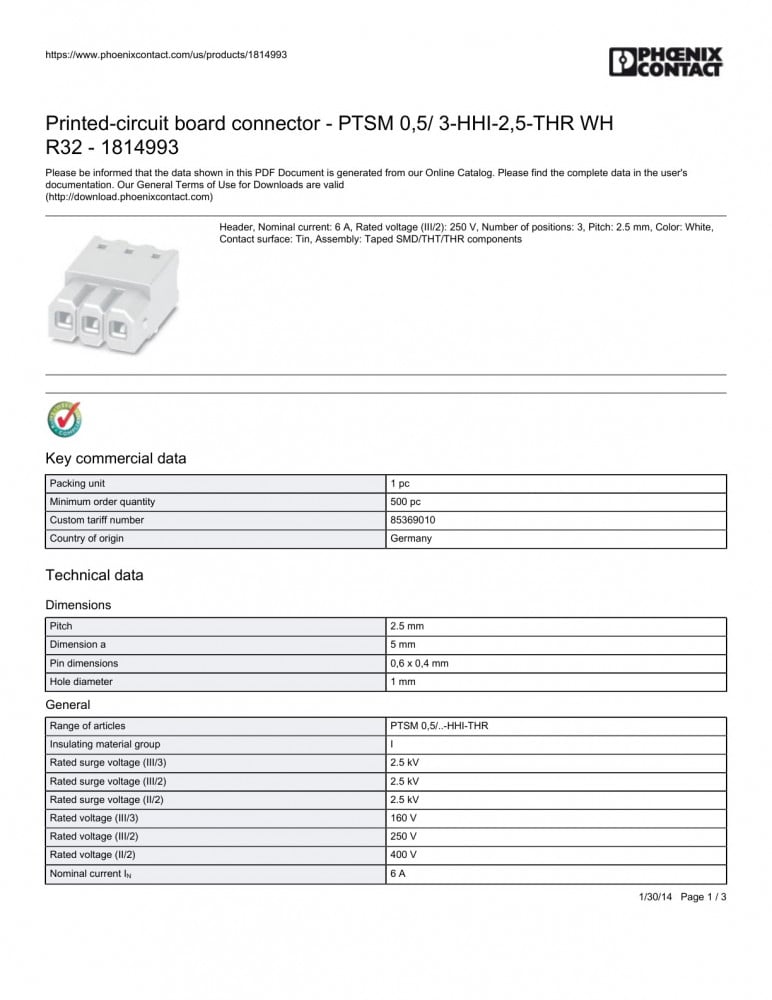 Phoenix Contact 1814993 product data page