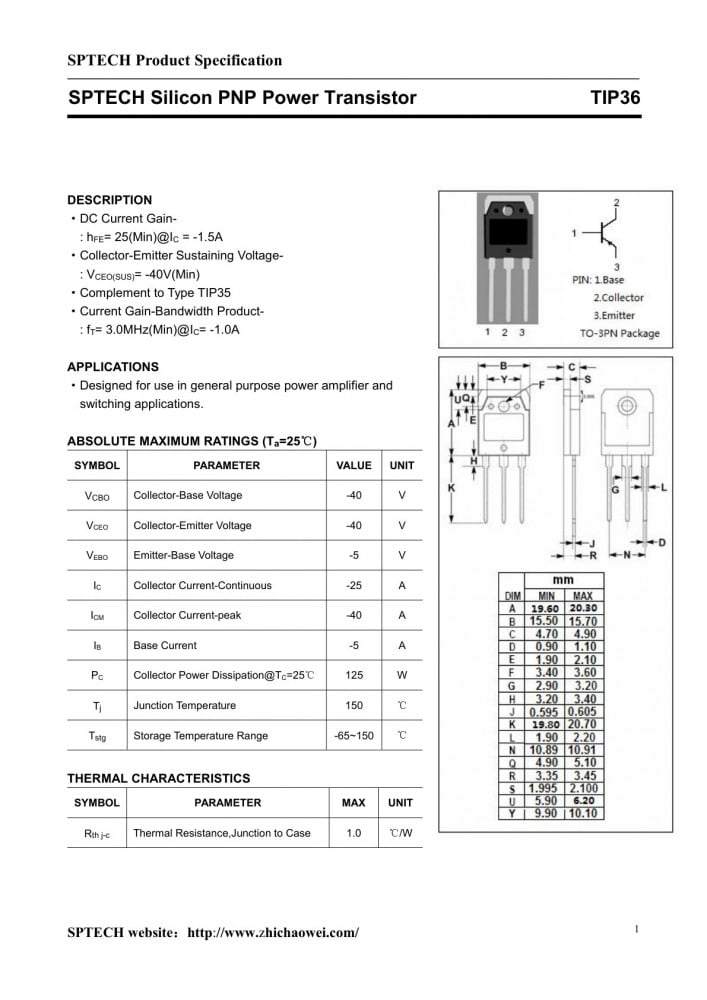 TIP36 datasheet page 1