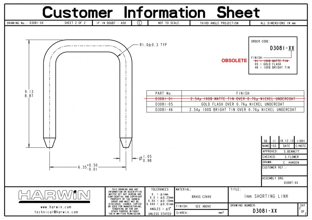 Harwin D3081-05 customer information sheet preview
