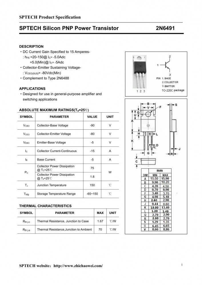 2N6491 SPTECH datasheet page 1