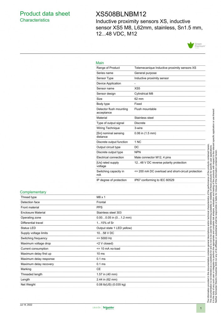 XS508BLNBM12 technical document page 1