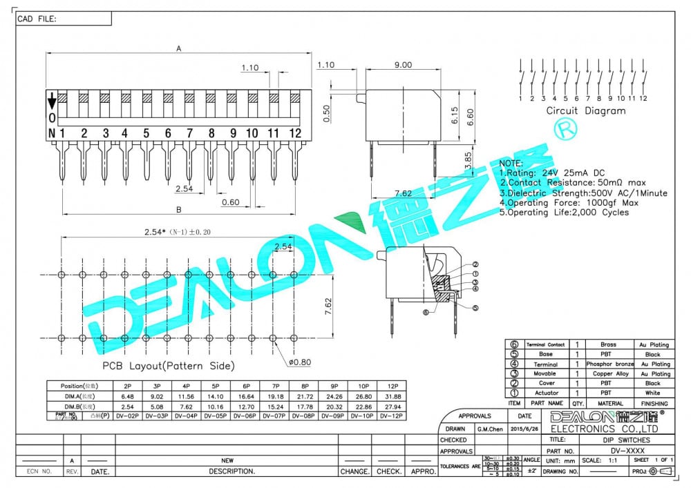 DEALON DV-06P technical drawing and specification sheet