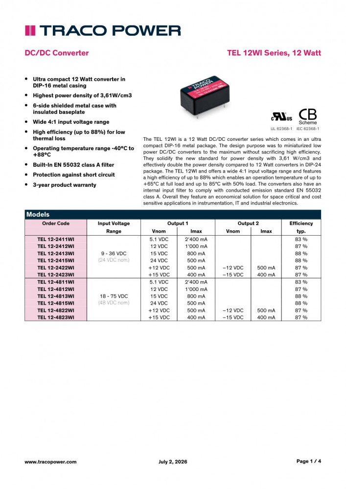 TEL 12WI datasheet page 1