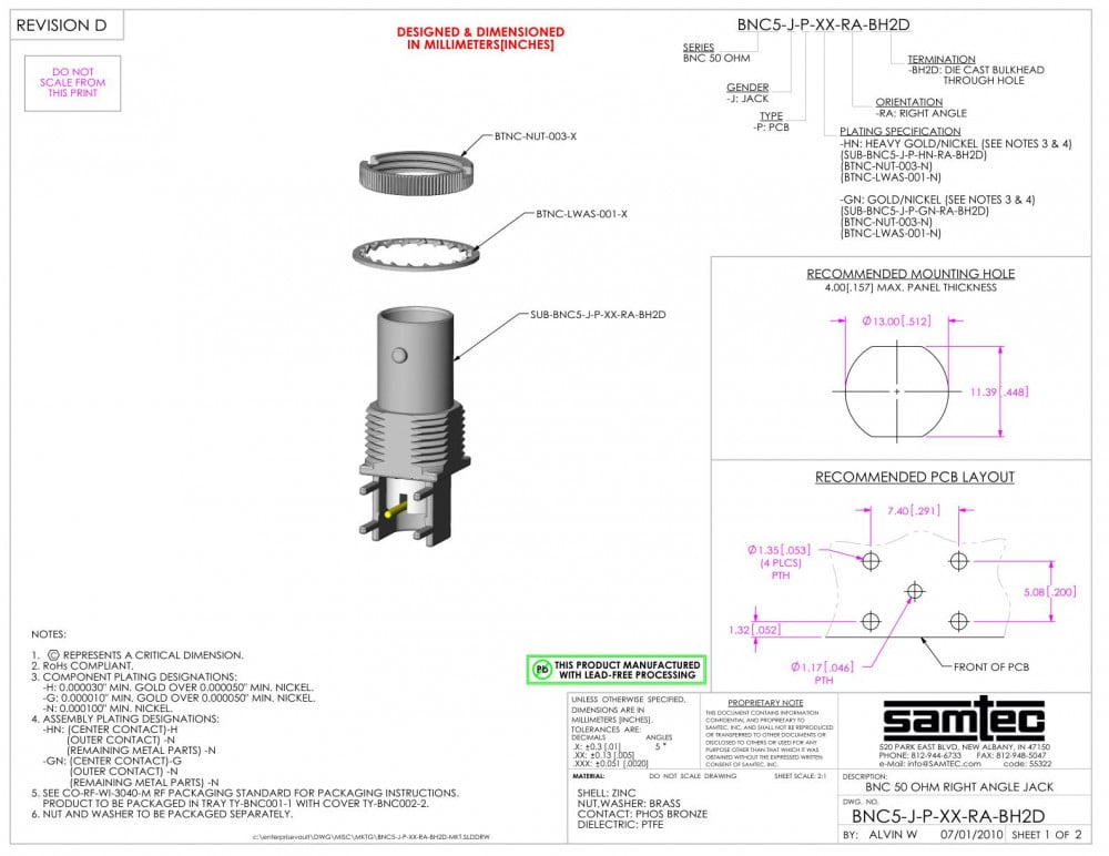Samtec BNC5-J-P-GN-RA-BH2D technical drawing page 1