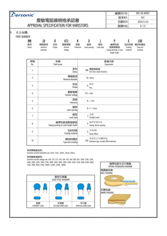 Dersonic varistor specification page 9