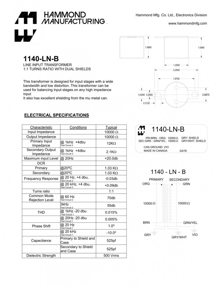 Hammond 1140-LN-B datasheet page 1