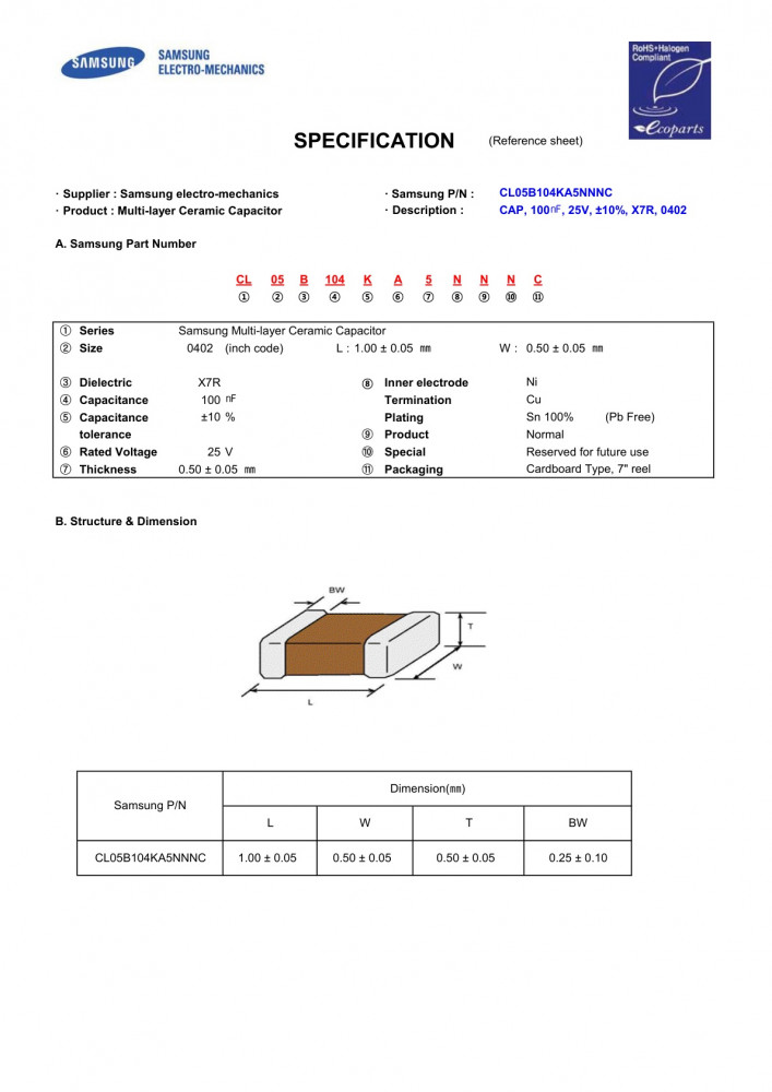 CL05B104KA5NNNC technical document page 1