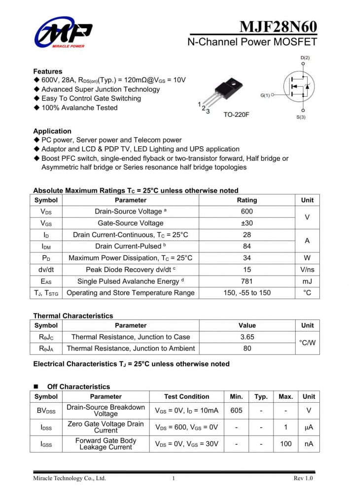 MJF28N60 datasheet page 1