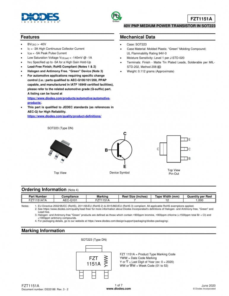 FZT1151ATA datasheet page 1