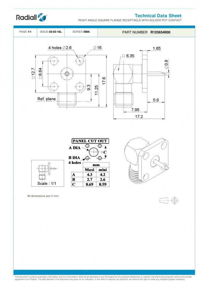 Radiall R125654000 SMA-series product drawing