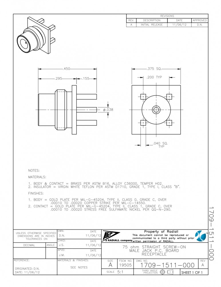 Radiall 1709-1511-000 product drawing page